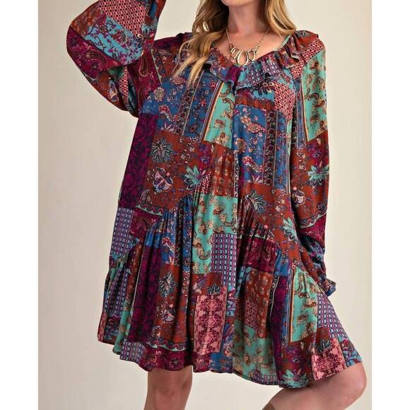 easel | Dresses | New Easel Patchwork Printed Mini Dress In Multi ...